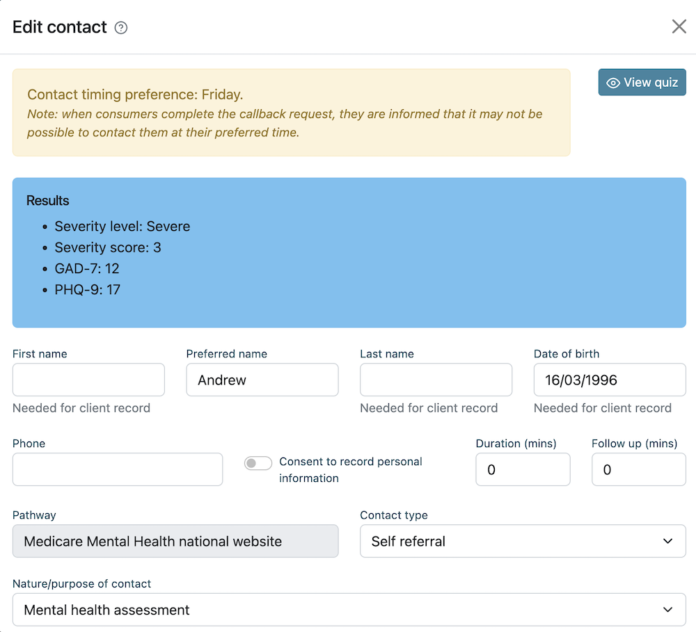 Callback requests - PMHCIS Intake Module Documentation